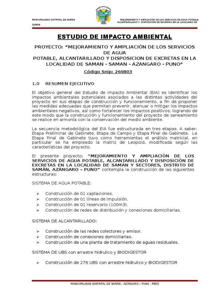Modelo de Estudio de Impacto Ambiental Saman | PDF | Evaluación de impacto ambiental ...