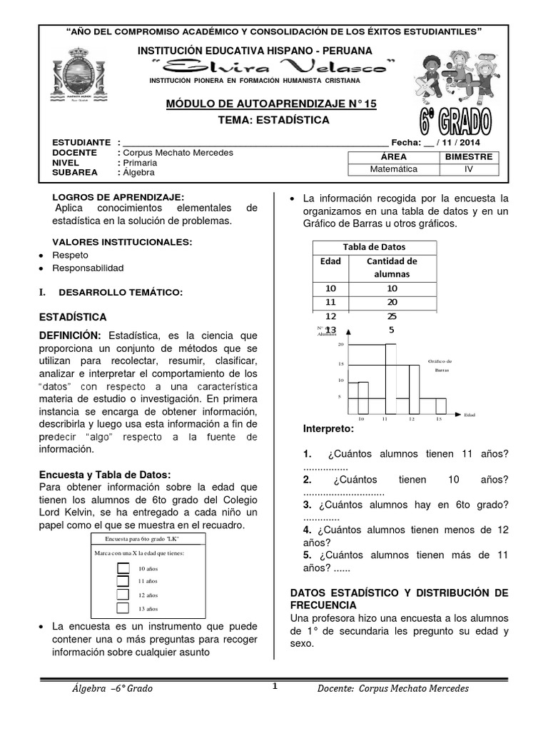 Estadística para 6° Grado: Módulo 15 | PDF | Estadísticas | Maestros