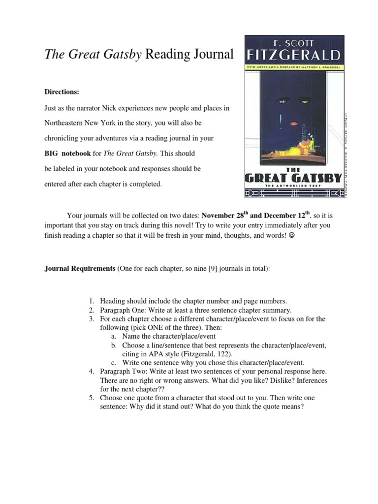 Great Gatsby Reading Journal Guide | PDF