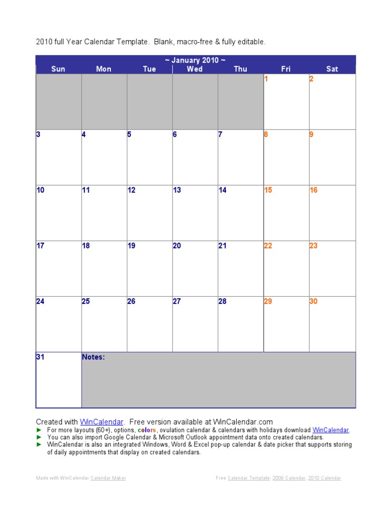 2010 Editable Calendar Template | PDF | Software Development ...