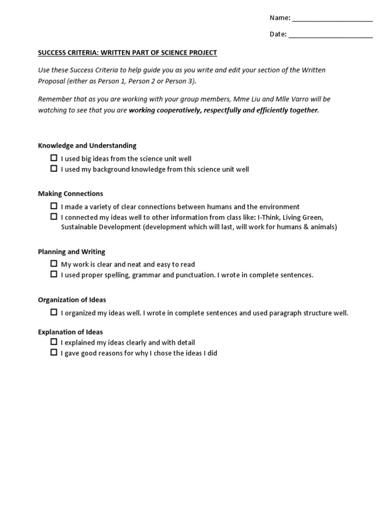 Science Project Writing Success Criteria | PDF