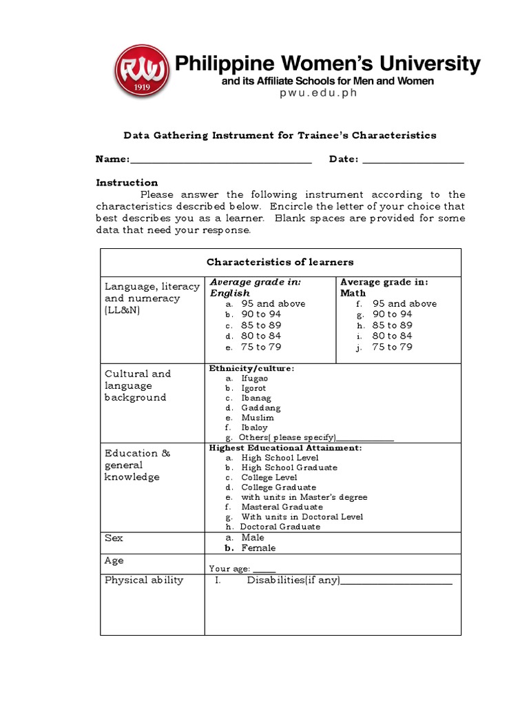Trainee Characteristics Data Collection | PDF | Learning Styles | Teaching