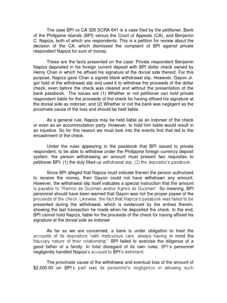 The Case BPI Vs CA 326 SCRA 641 | PDF | Cheque | Passbook