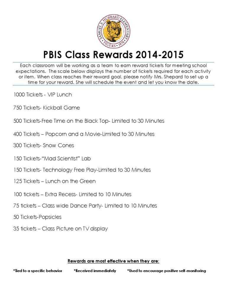 PBIS Classroom Reward System 2014-2015 | PDF