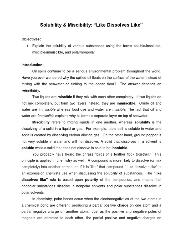 Solubility & Miscibility Absent | PDF | Chemical Polarity | Solubility