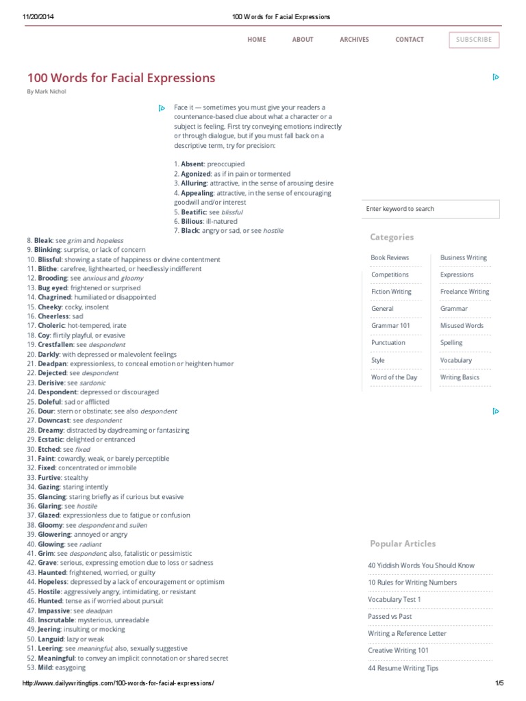 100 Words For Facial Expressions | PDF | Languages | Internet