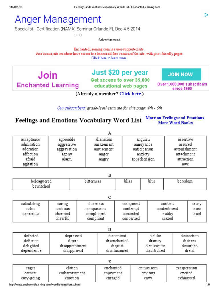 Feelings and Emotions Vocabulary Word List - EnchantedLearning | PDF ...