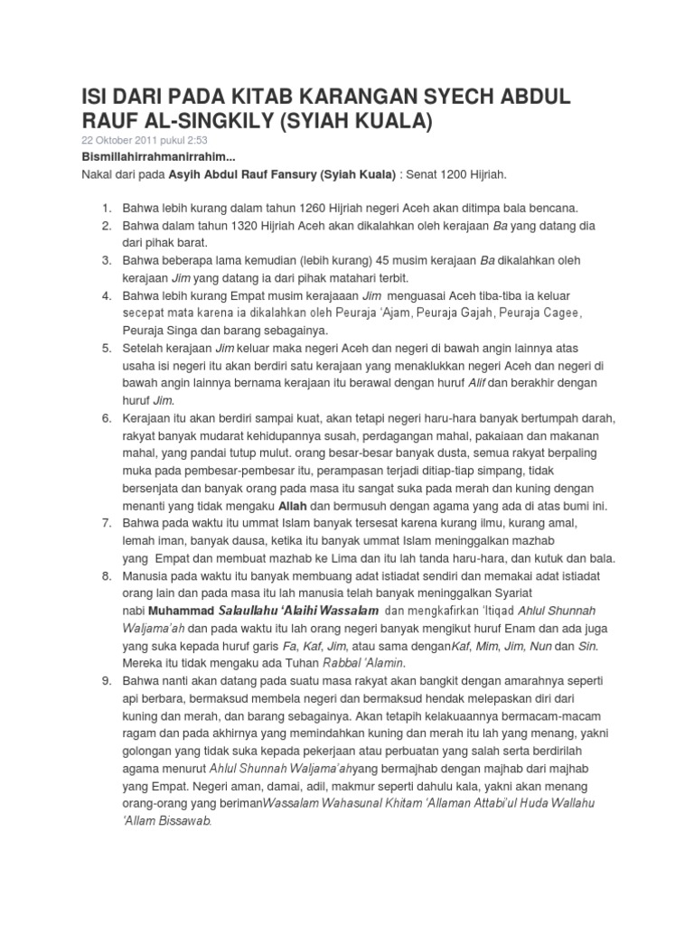 Isi Dari Pada Kitab Karangan Syech Abdul Rauf Al | PDF