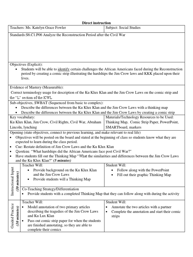 Ku Klux and Jim Crow Lesson Plan | PDF | Ku Klux Klan | Lesson Plan