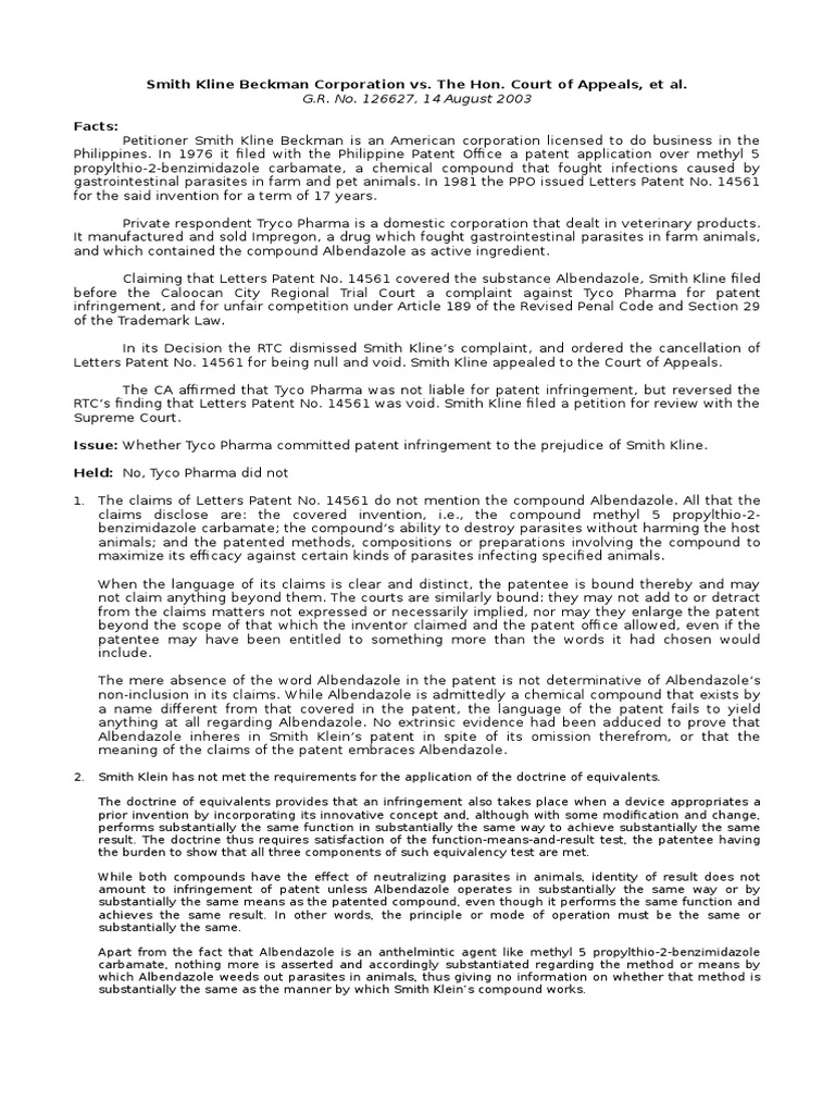 Smith Kline Beckman vs. Tyco Pharma Ruling | PDF | Trademark | Patent