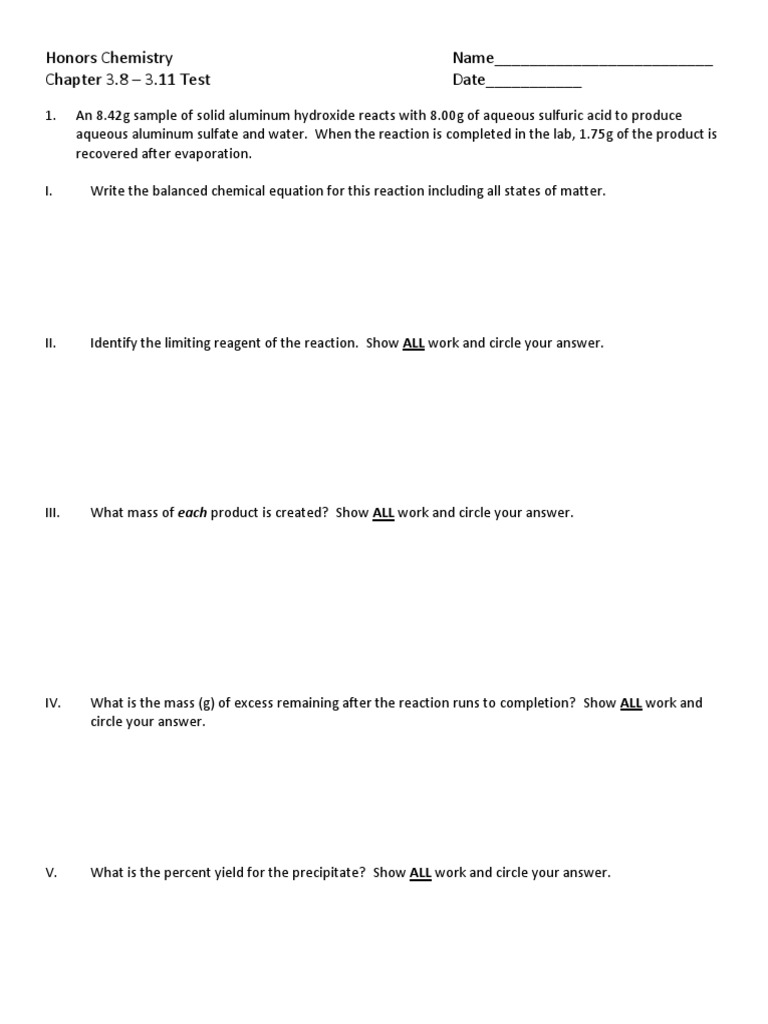 Honors Chemistry Chapter 3 Test | PDF | Chemical Reactions | Acid