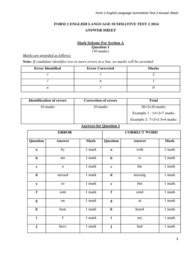 English Form 2 Summative Test 2 2014 - Answersheet | PDF | English ...