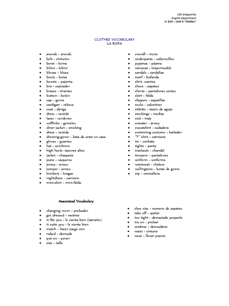 Vocabulario de Ropa en Inglés y Español | PDF