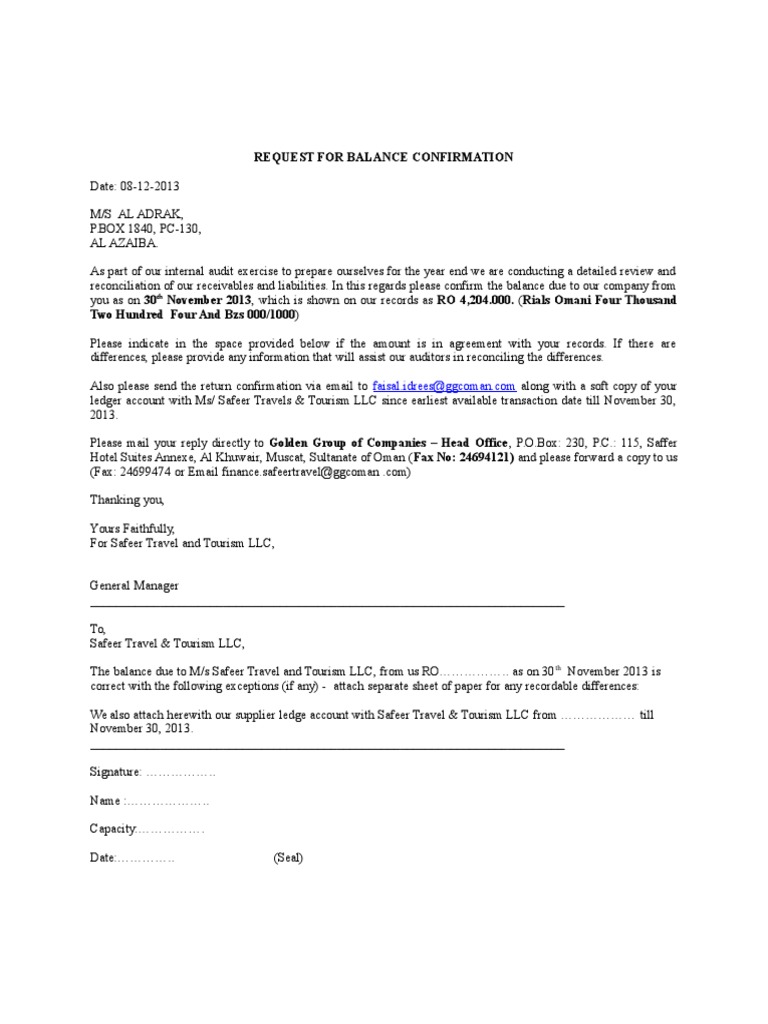 Confirmation Letters Form | PDF | Oman | Internal Audit