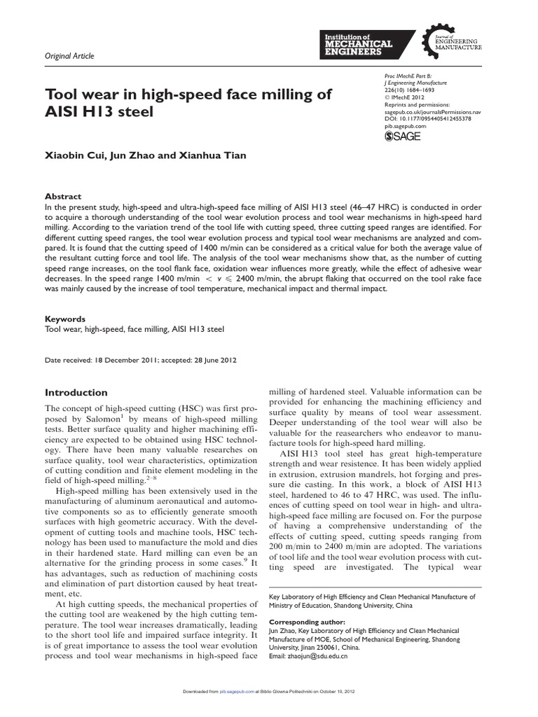 Tool Wear in High-Speed Face Milling of AISI H13 Steel: Xiaobin Cui ...