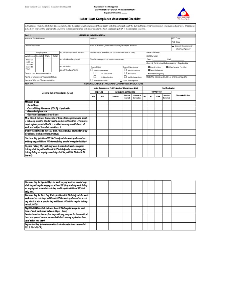 Labor Standards Laws Compliance Assessment Checklist (With REMARKS ...