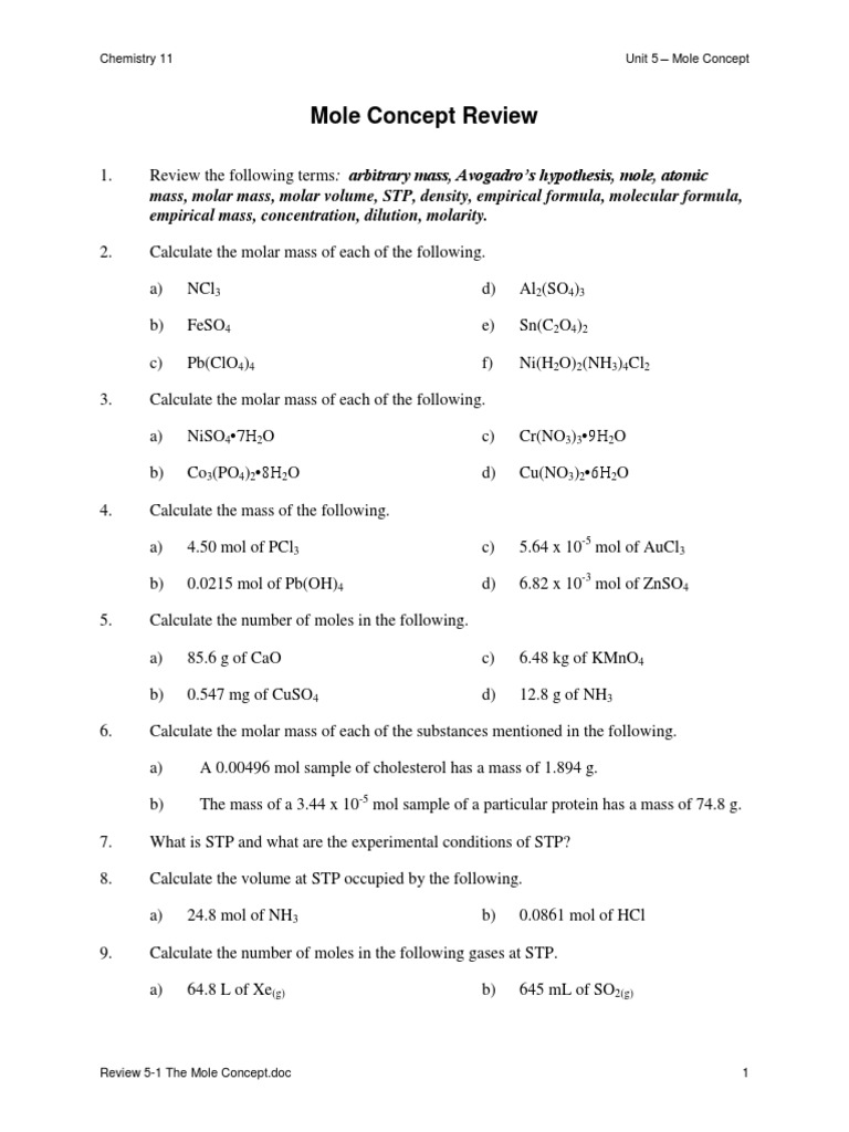 Chem 11 Mole Review Ch3 PDF | PDF | Molar Concentration | Mole (Unit)