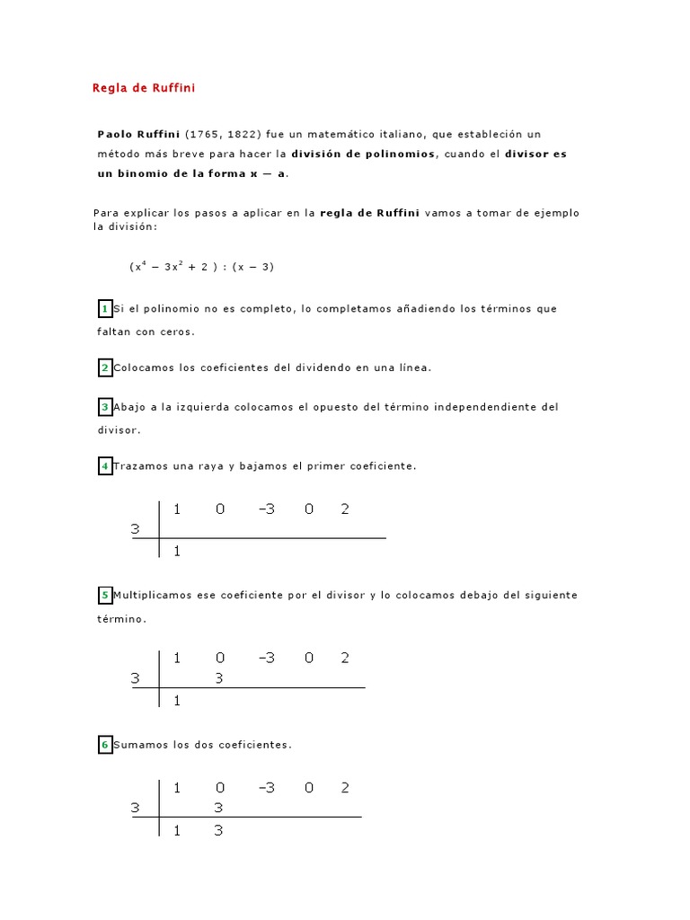 Regla de Ruffini - Teorema Factor y Resto | PDF