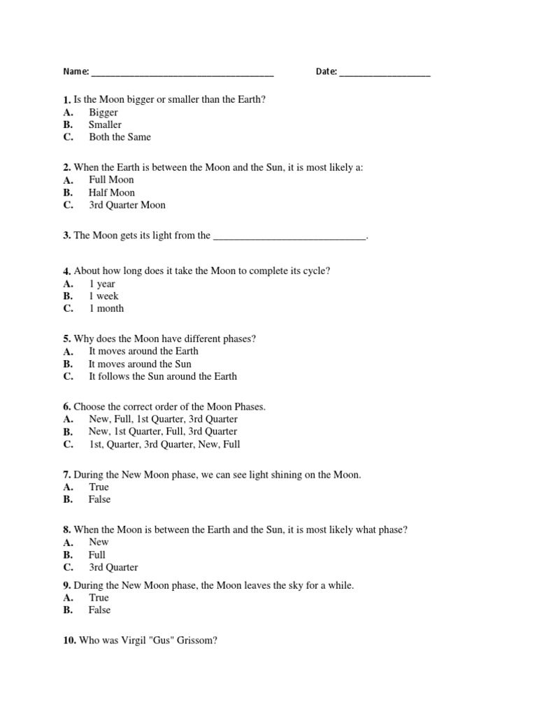 Moon Phases and Exploration Quiz | PDF
