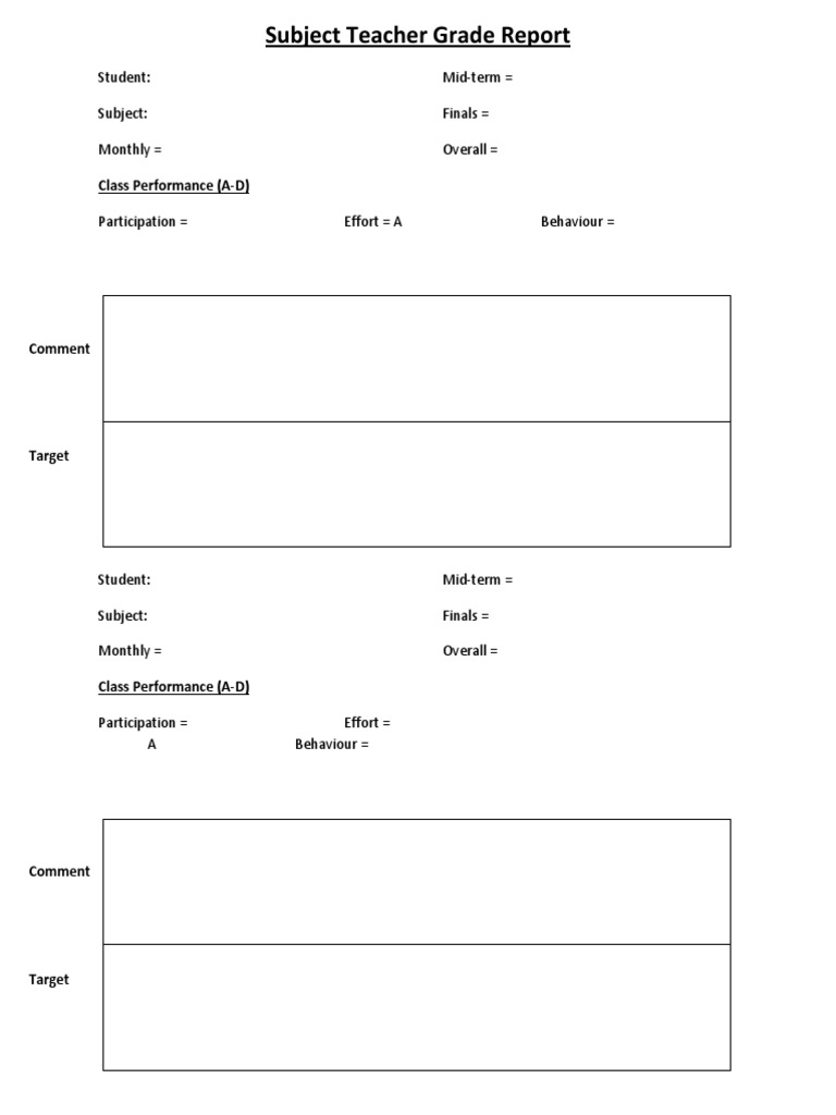 Teacher Grade Report Template | PDF | Quality Of Life | Cognition