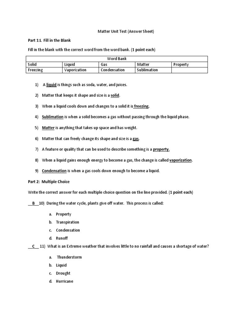 Matter Unit Test Answer Sheet | PDF | Thunderstorm | Rain