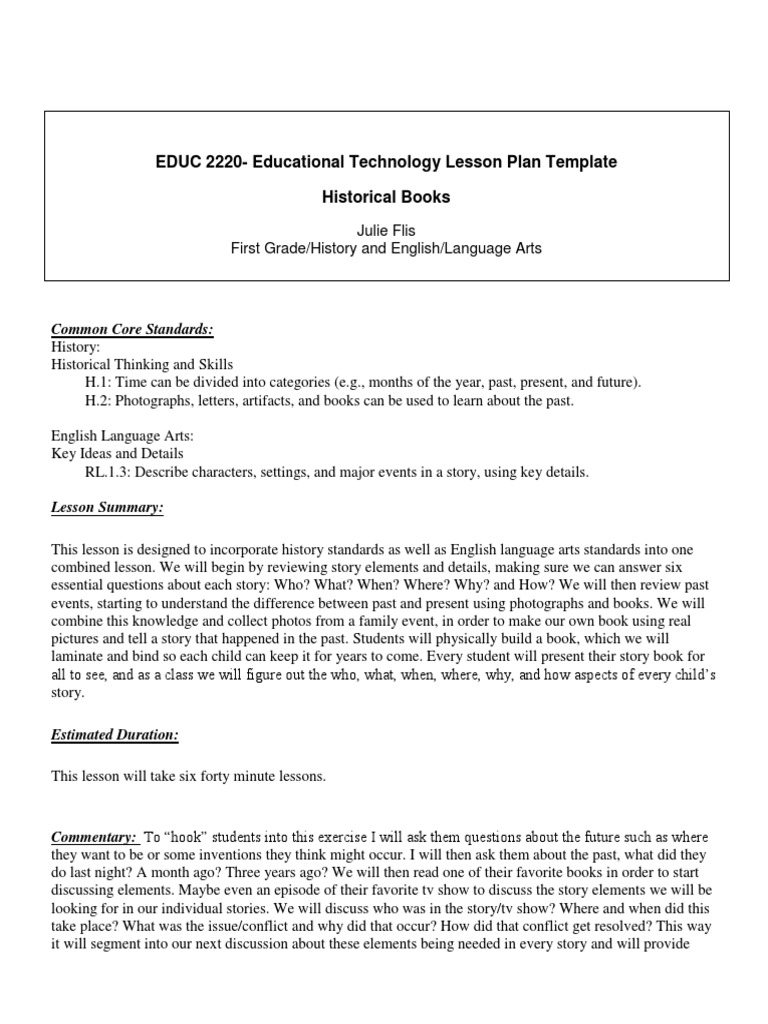 EDUC 2220-Educational Technology Lesson Plan Template Historical Books | PDF | Cognition ...