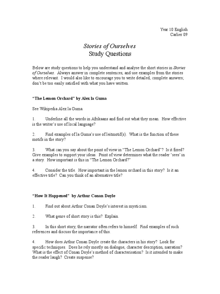 Study Questions Stories of Ourselves Smartboard 3 | PDF | The Yellow ...