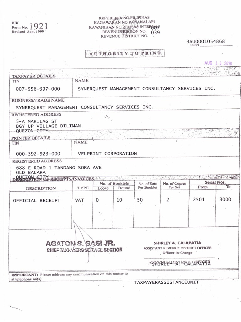 Authority to Print 2013 - Synerquest | Payments | Business Documents