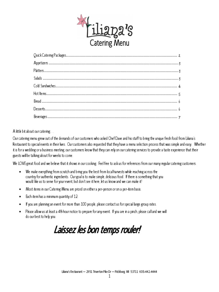 Lilianna's Catering Menu | PDF | Salad | Menu