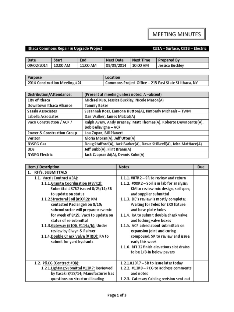 2014-09-02 Construction Meeting Minutes PDF | PDF | Civil Engineering ...