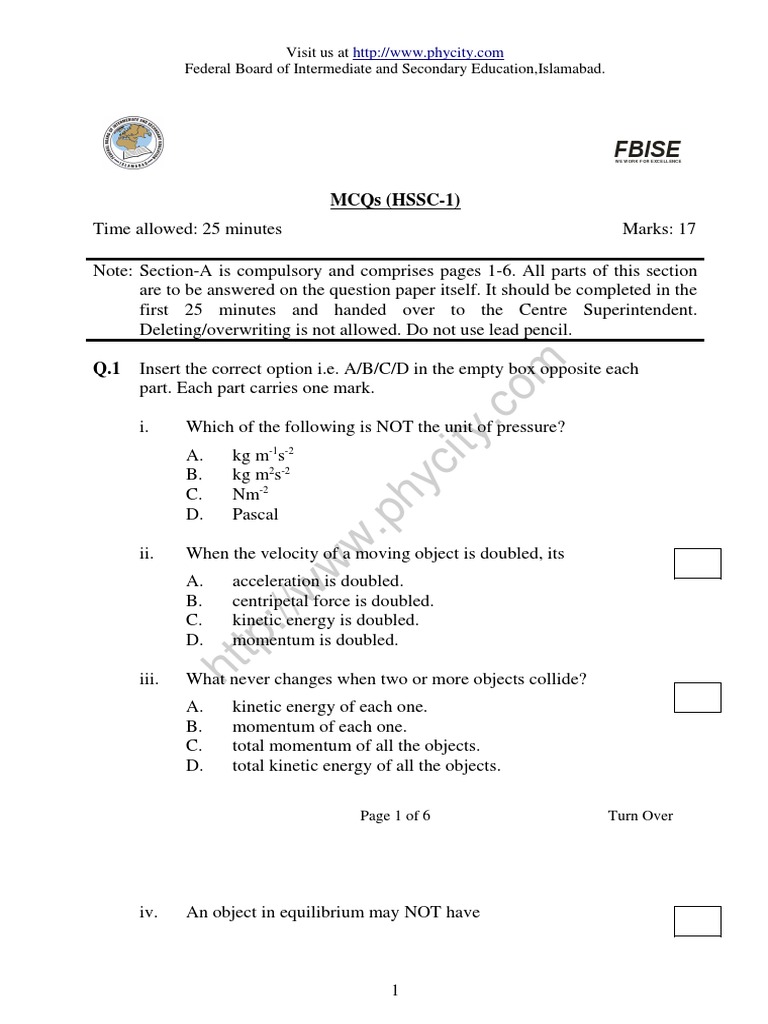 FSC 1 Mcqs | PDF | Frequency | Torque