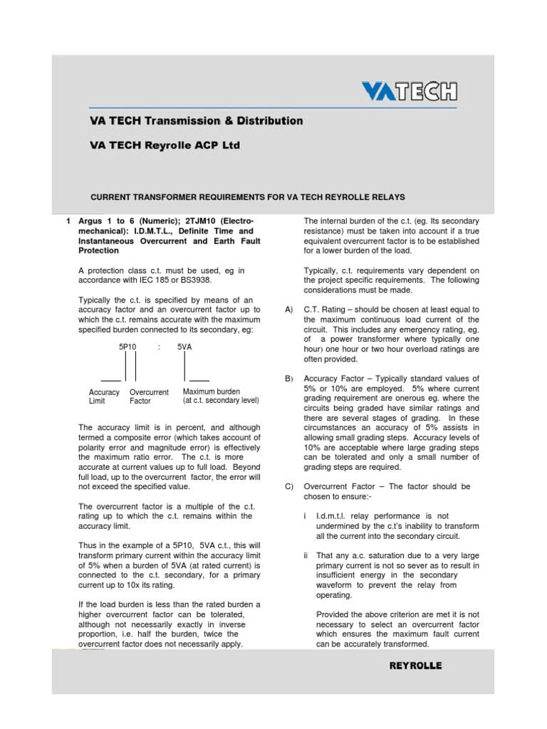 Current Transformer Requirements Fro VA Tech Relays | PDF | Transformer ...