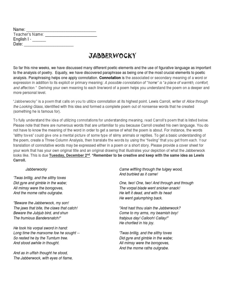 Analyzing Jabberwocky: Poetry & Art | PDF | Poetry