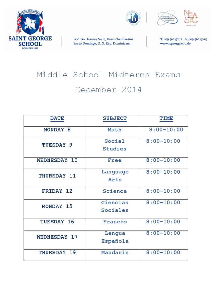Middle School Midterm Exam Schedule | PDF