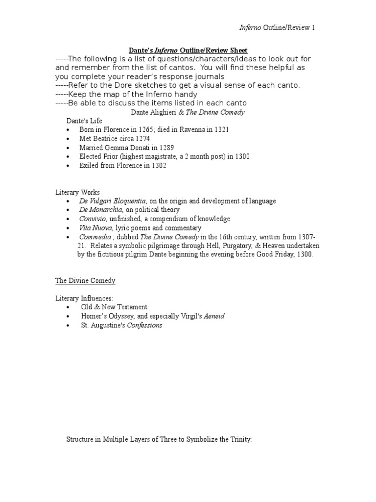 Dante Inferno Review Sheet | PDF | Divine Comedy | Inferno (Dante)