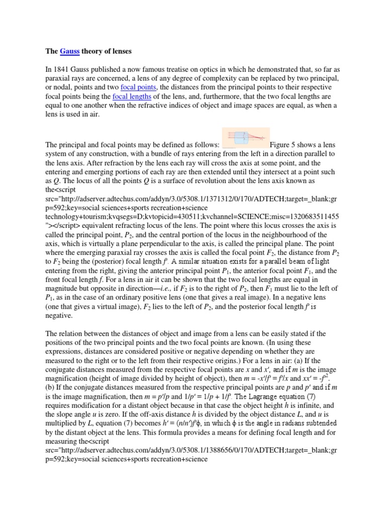 The Gauss Theory of Lenses | PDF | Lens (Optics) | Geometry