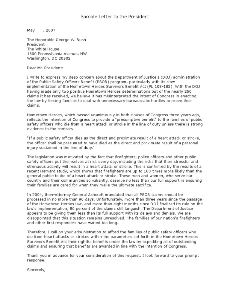 Sample Letter to the President on PSOB | PDF | Presidents Of The United ...