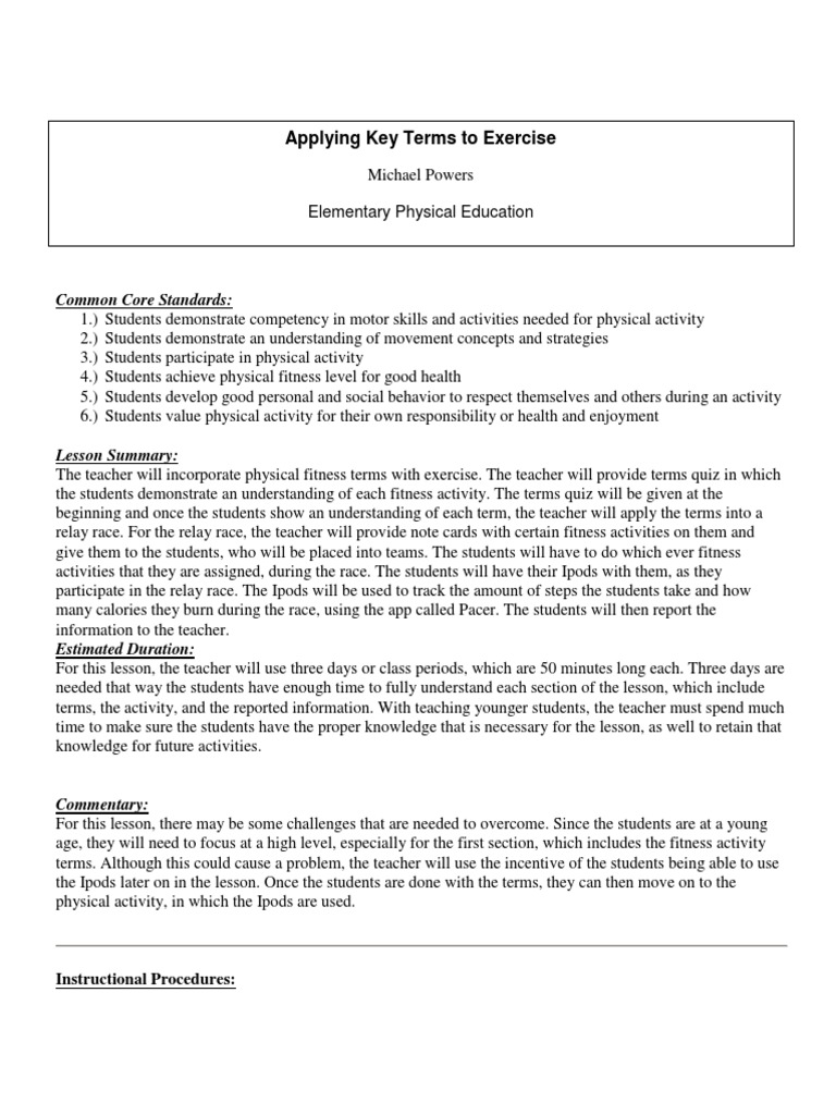 Applying Key Terms To Exercise: Common Core Standards | PDF | Physical ...