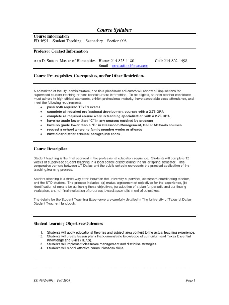 UT Dallas Syllabus For Ed4694.008.07f Taught by Ann Sutton (Asw016100 ...
