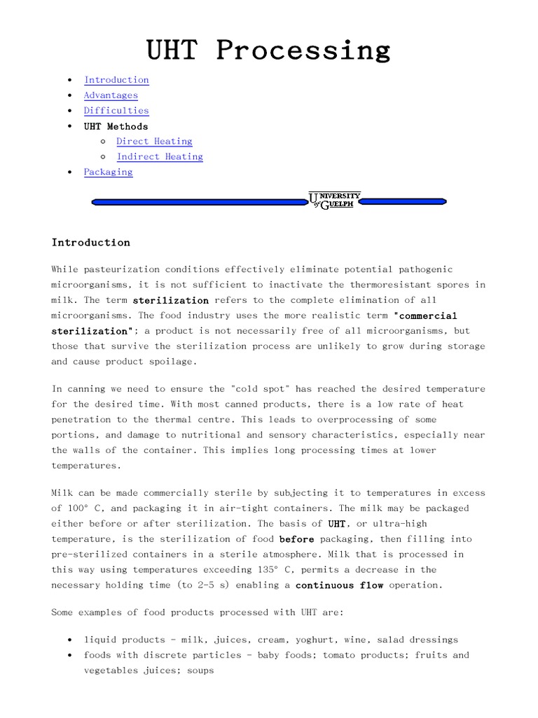 UHT Processing Methods for Milk Sterilization | PDF | Sterilization ...