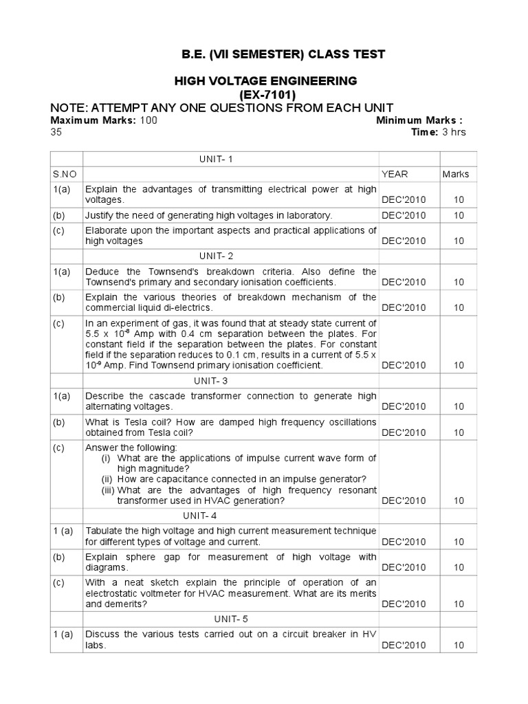 High Voltage Engineering Test Questions | PDF