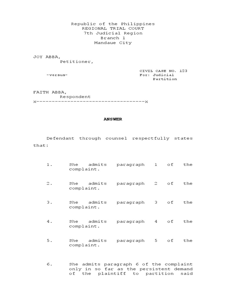 Example Form For Partition (Answer) | PDF | Lawsuit | Complaint