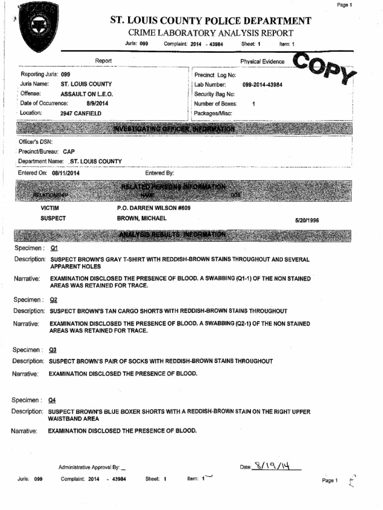 Police - Crime Lab Report - August 9 2014