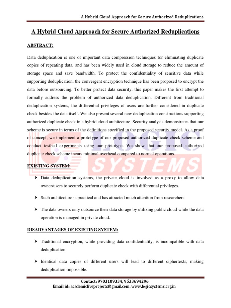 Secure Authorized Data Deduplication | PDF | Encryption | Cloud Computing