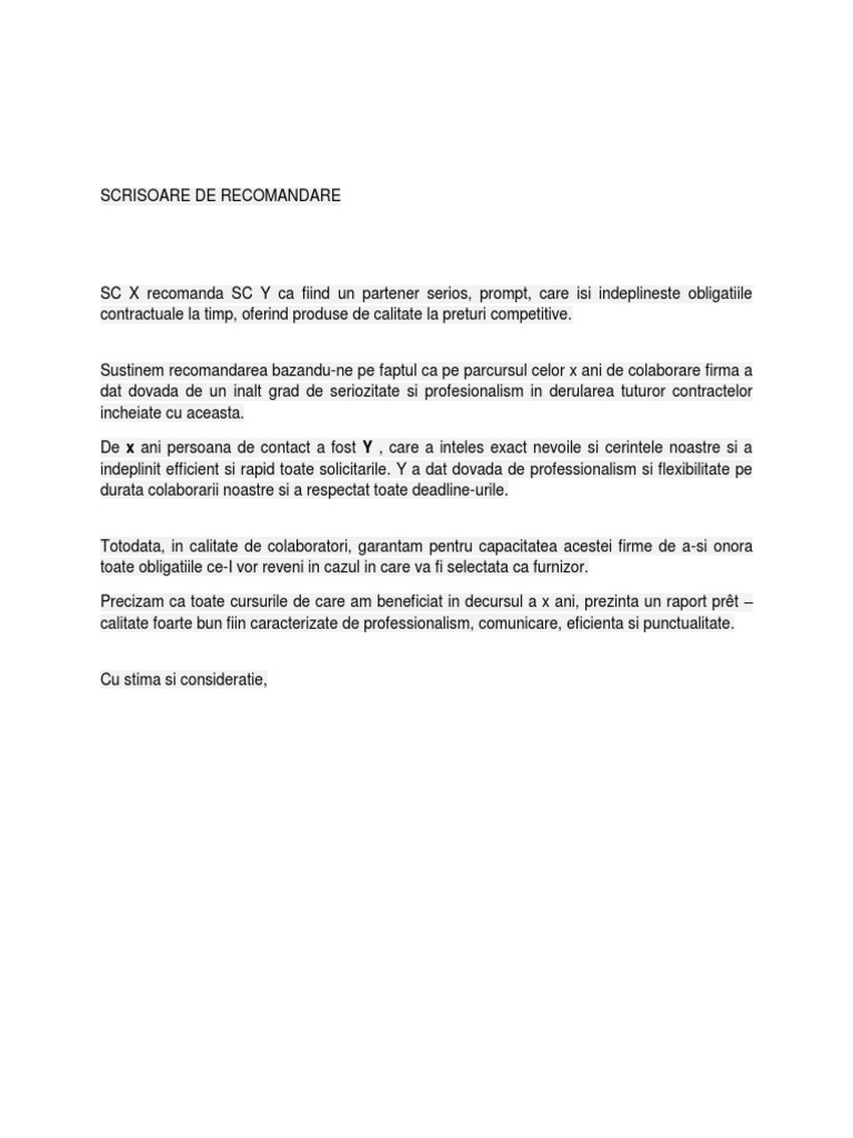 Model Scrisoare Recomandare | PDF