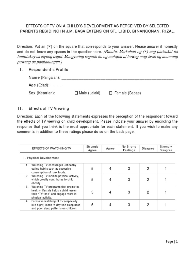 Effects of TV On Child Development Questionnaire | PDF | Emotions ...