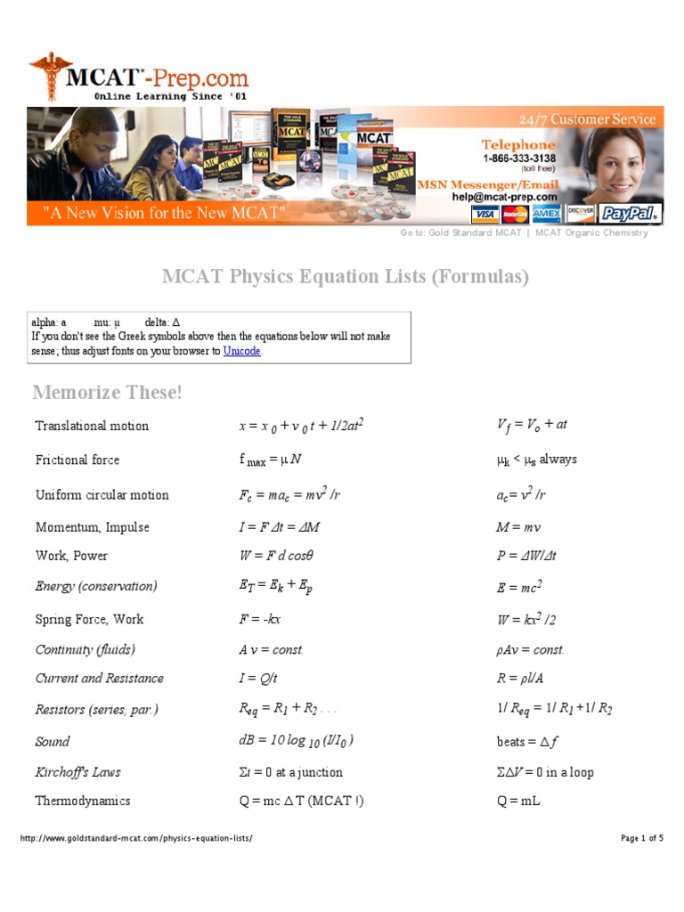 MCAT Physics Equation List | PDF | Radioactive Decay | Electron