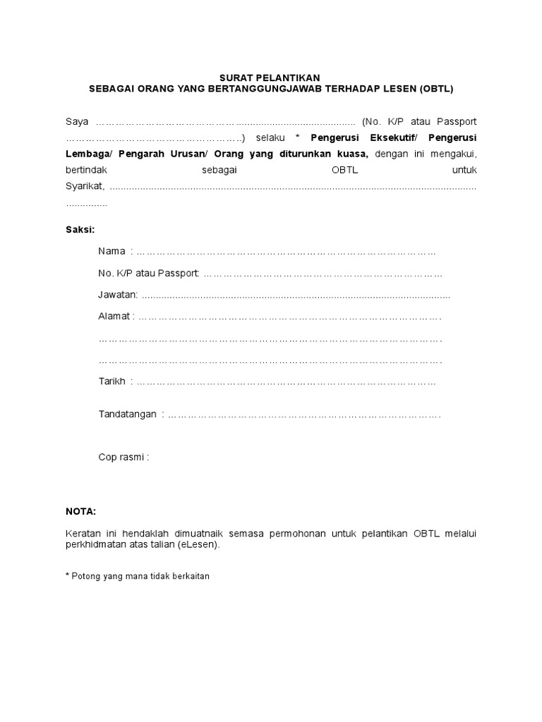 Surat Perlantikan Sebagai OBTL | PDF