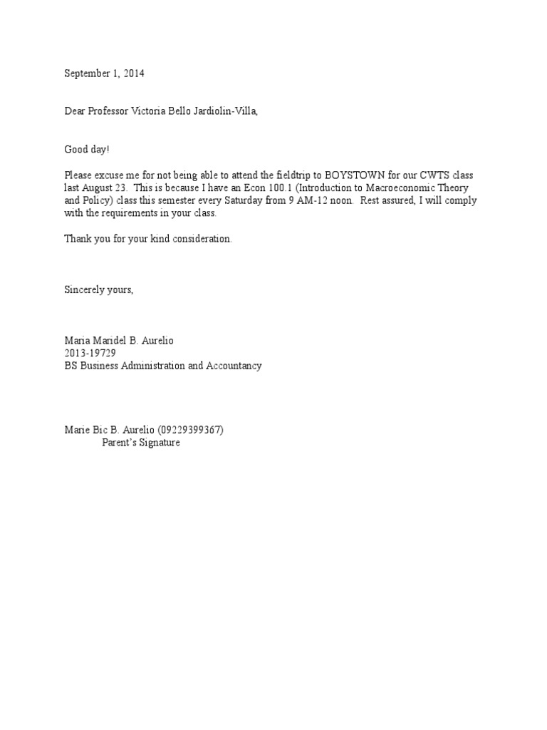 Excuse Letter for Class Absence | PDF