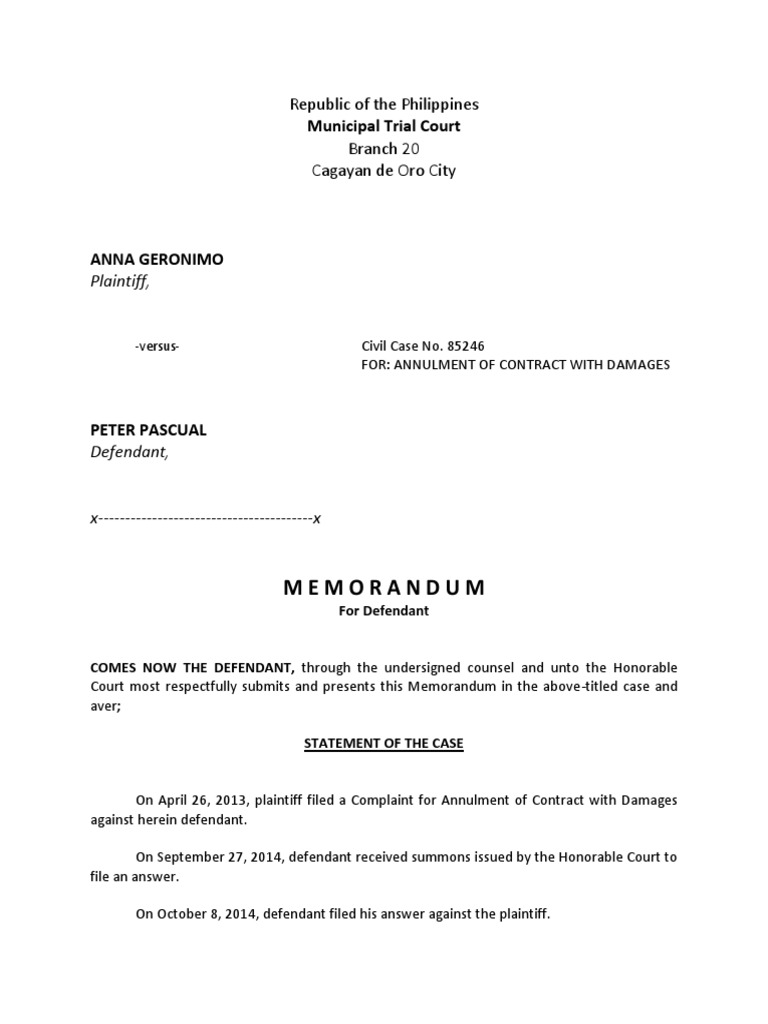 Trial Memo Sample | PDF | Offer And Acceptance | Lawsuit